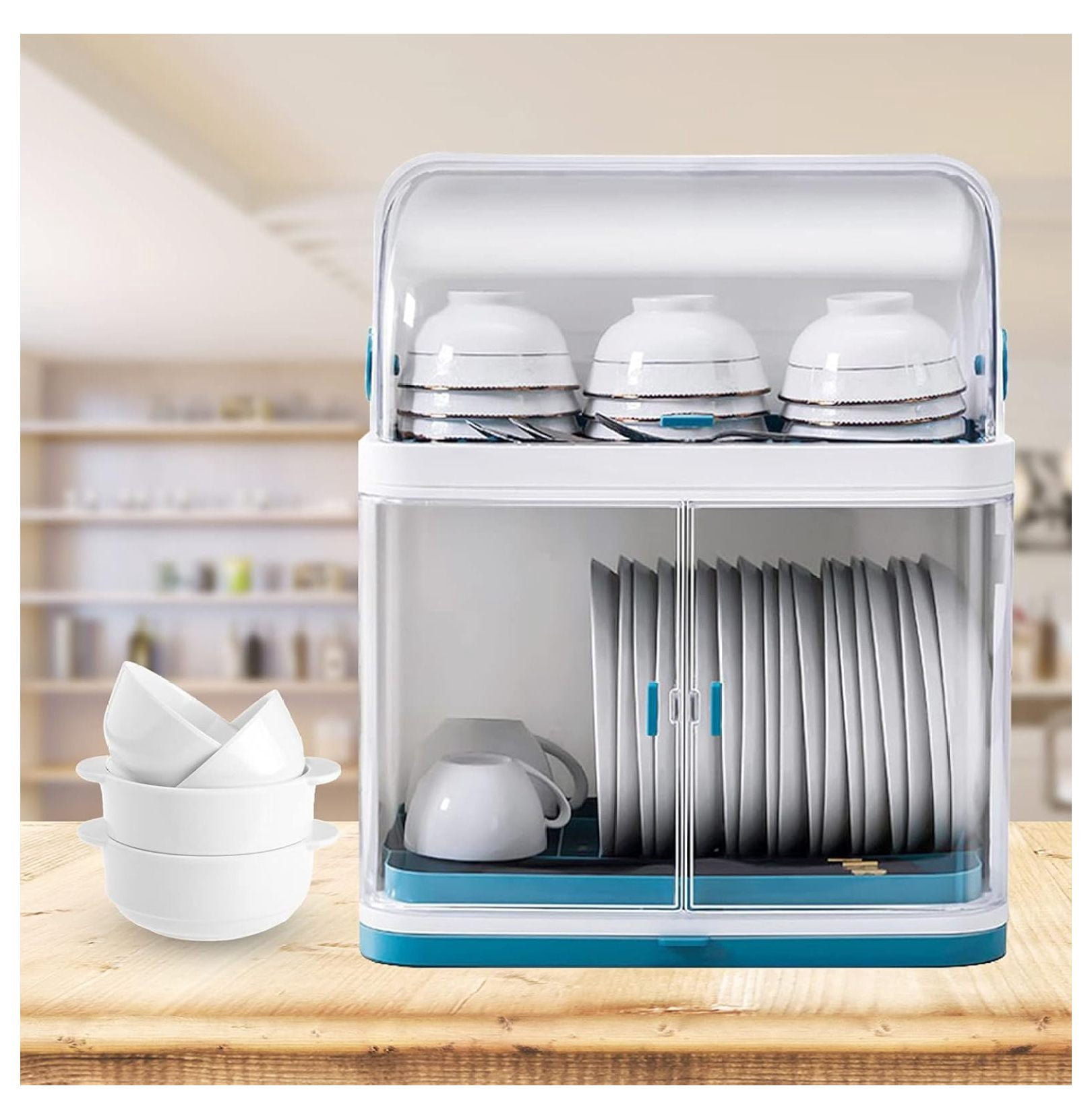2 Tier Dish Drying Rack, Drain Board with Lid, Transparent Dust Cover ...