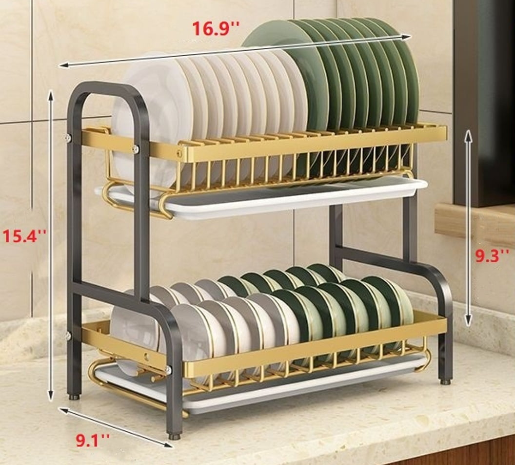 2 Tier Dish Drying Rack with Drain Board Tray, Anti-Rust Stainless Steel Dish Drainer with ...