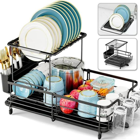 2 Tier Dish Drying Rack, Expandable Two Tier Dish Rack for Kitchen ...
