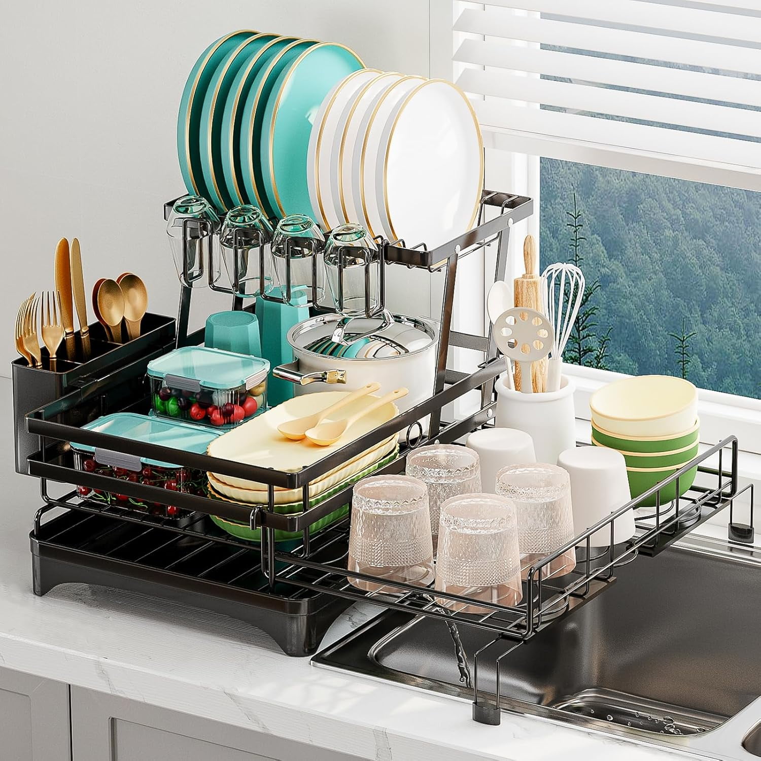2 Tier Dish Drying Rack - Large Extendable Dish Rack, 2-in-1 Anti-Rust ...