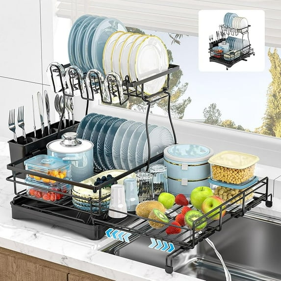 MY 2 Tier Dish Drying Rack, Large Extendable Dish Racks for Kitchen ...