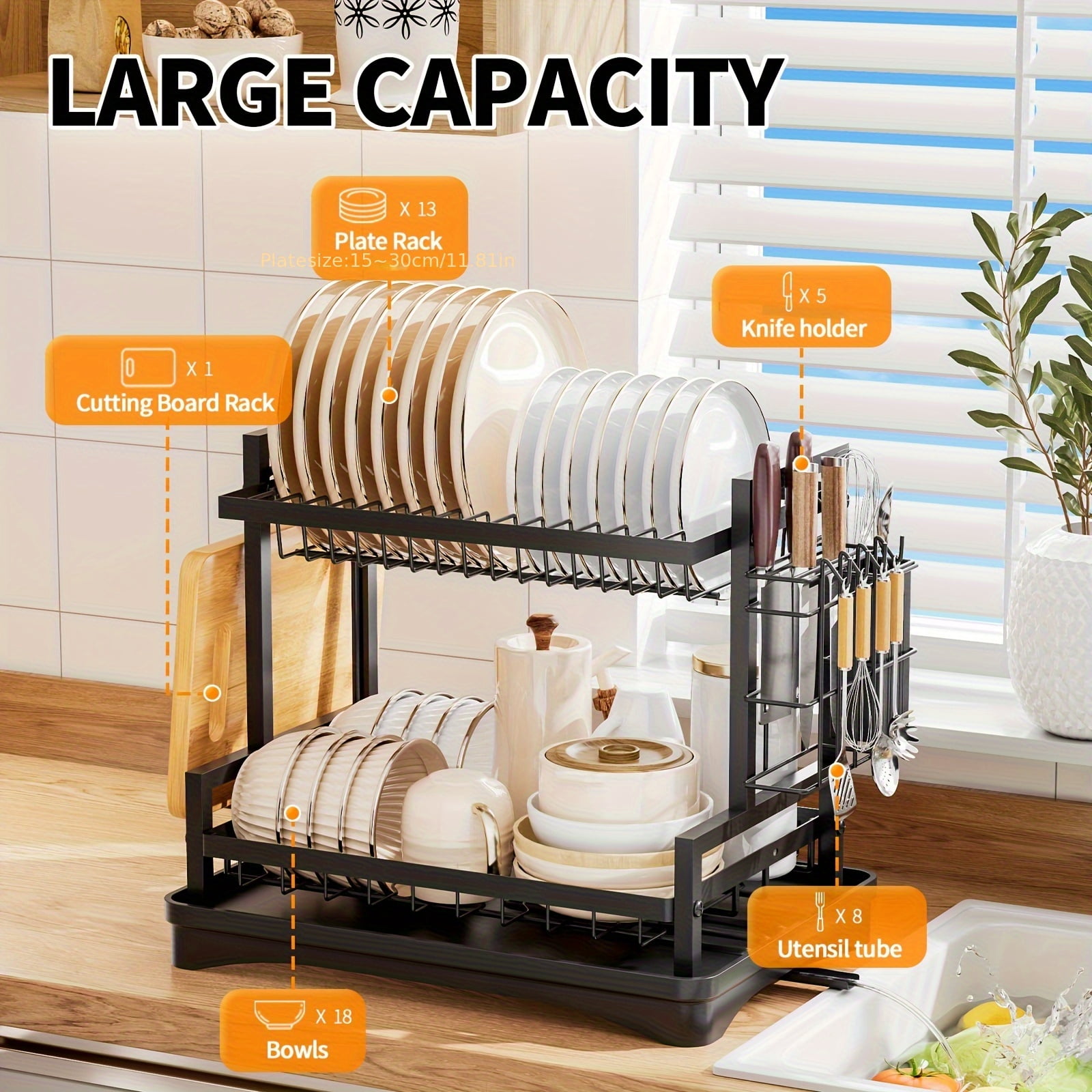 2-Tier Dish Drying Rack - Space-Saving Design with Cup Holder & Utensil ...