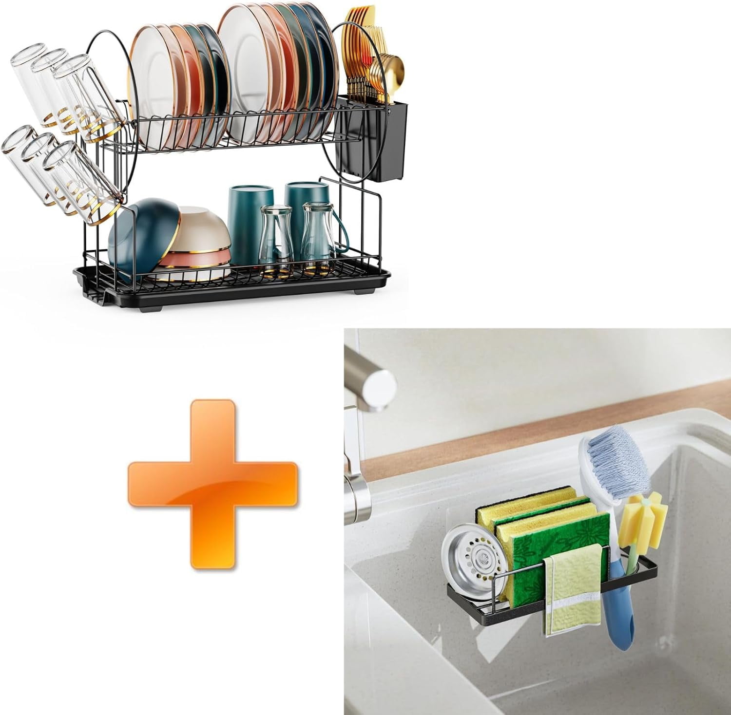 2 Tier Dish Drying Rack and Sponge Holder for Kitchen Sink, Small Dish ...