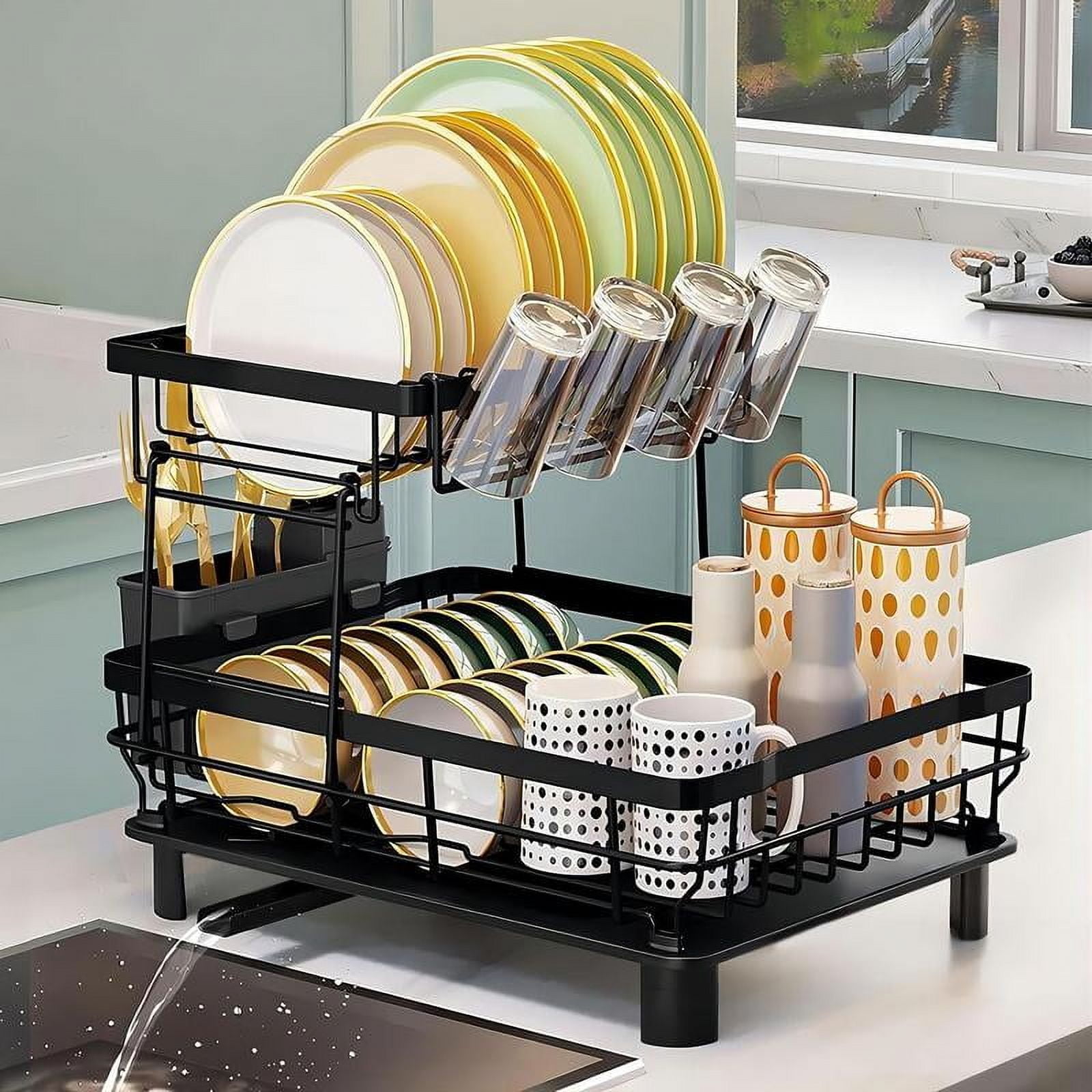 2 Tier Dish Drying Rack for Kitchen Counter Metal Dish Racks Drainers with Knife Cup Utensil ...