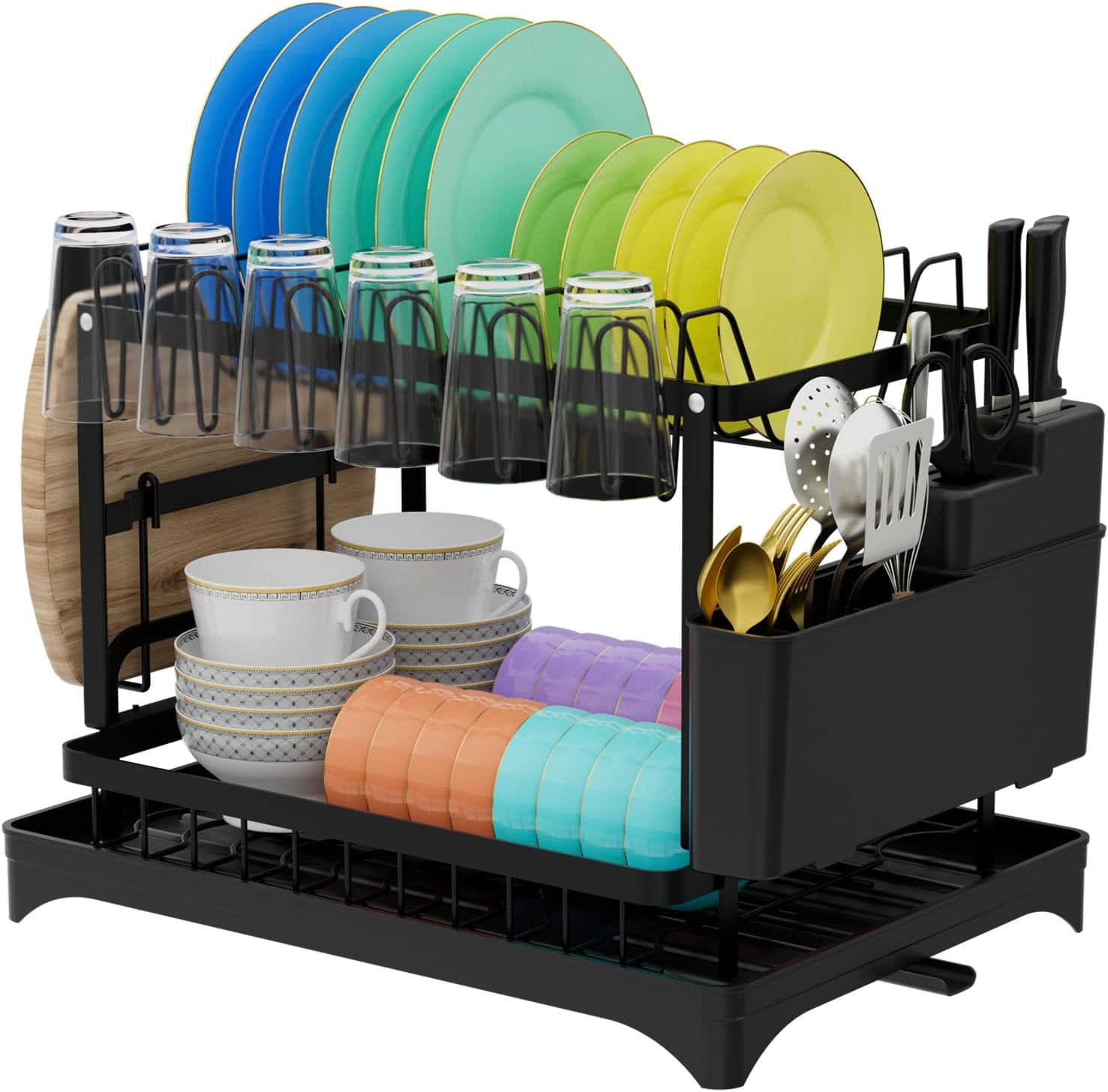 2-Tier Dish Drying Rack with Drainboard, Black Metal Large Capacity ...