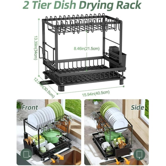 2-Tier Dish Drying Rack with Drainboard, Rustproof Carbon Steel Kitchen ...