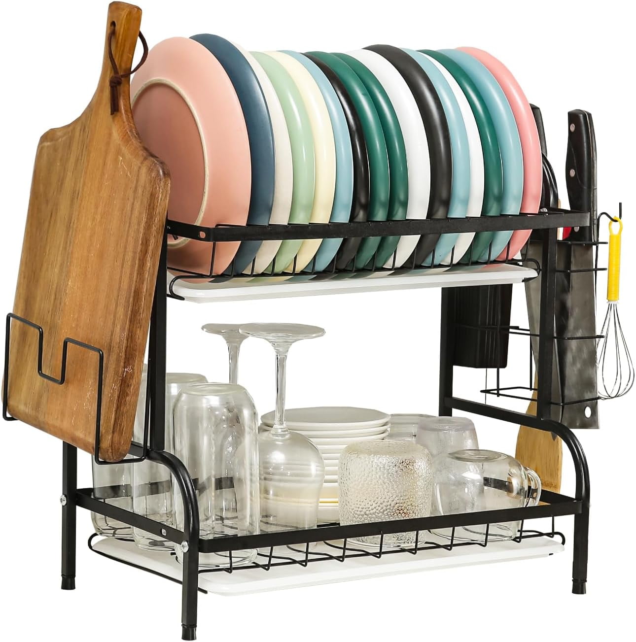 2 Tier Dish Drying Rack with Drip Tray, Utensil Holder & Draining Board ...