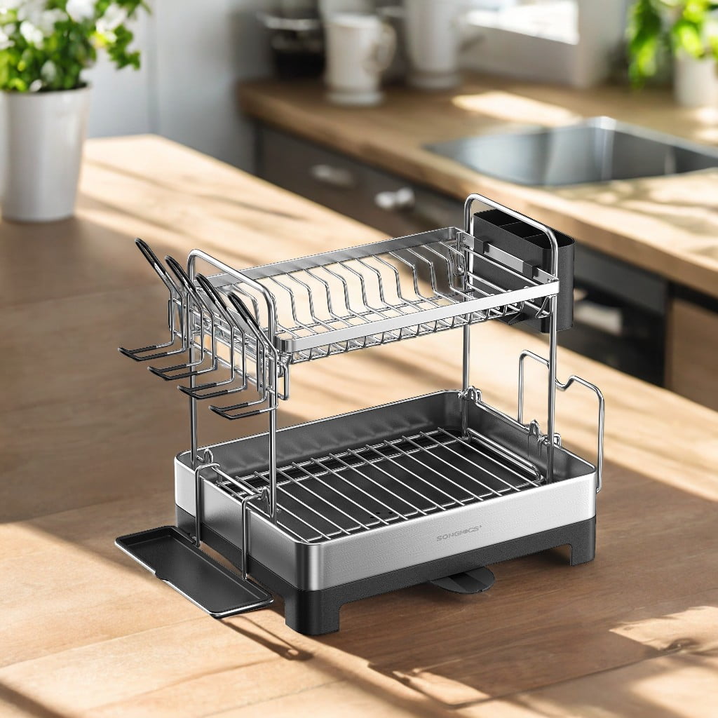 2 Tier Dish Drying Rack with Rotatable Drain Spout - Kitchen Counter ...