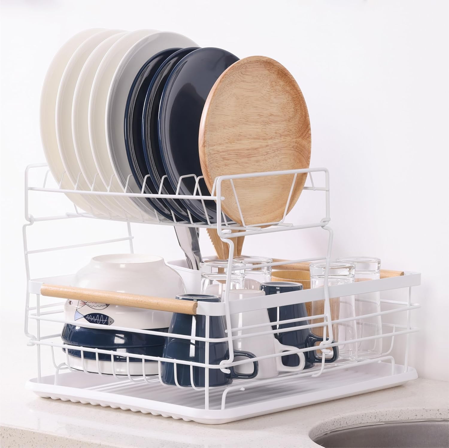2 Tier Dish Rack - Compact Drying Kitchen Board with Drip Tray ...