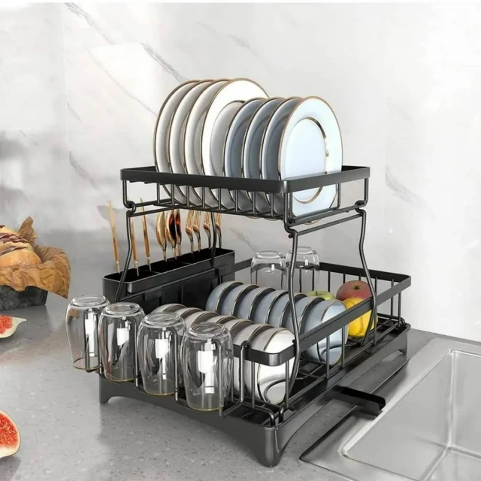 2 Tier Dish Racks for Kitchen Counter, Stainless Steel Dish Drying Rack with Drainboard ...