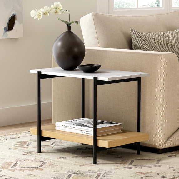 2 Tier End Table with Metal Frame, Rectangular Side Table Faux Marble ...
