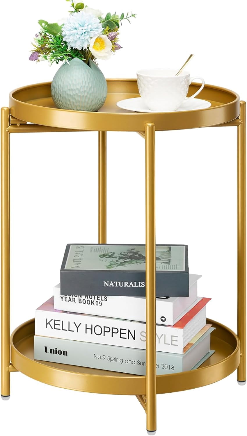 2-Tier End Table, Outdoor Side Table Metal Round Side Table with ...