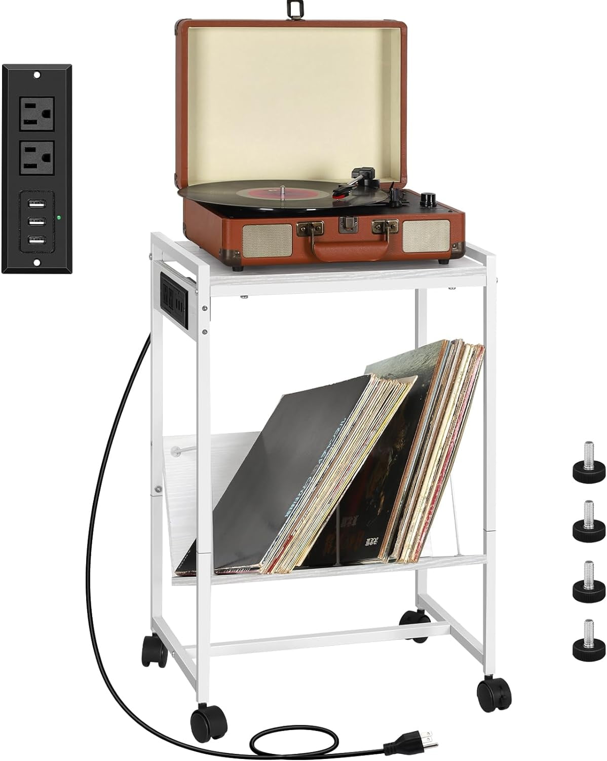 2-Tier End Table Record Player Stand with Charging Station and Vinyl ...