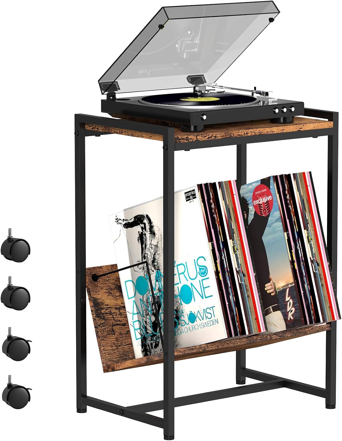 2-Tier End Table Record Player Stand with Wheels and Vinyl Storage ...