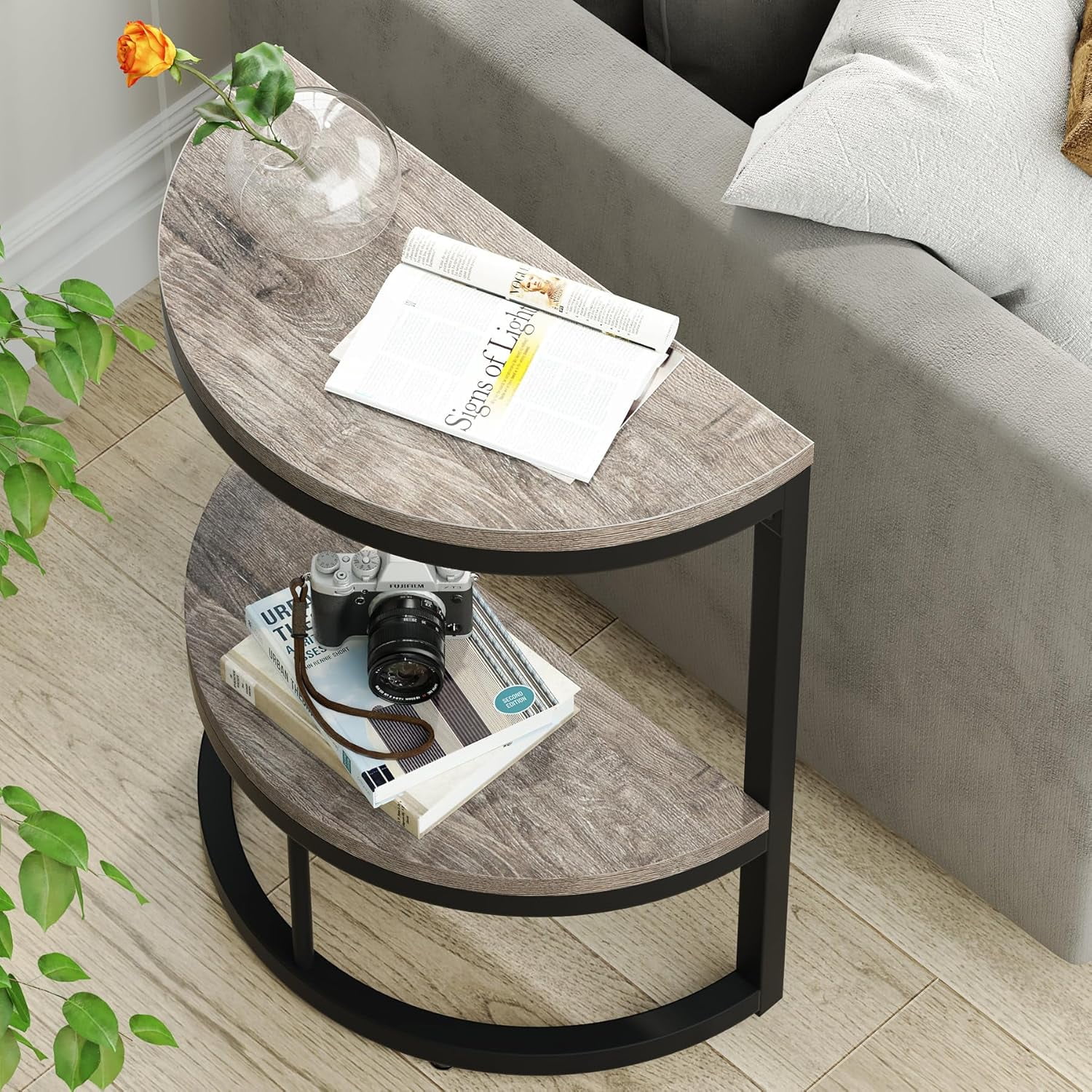 2-Tier End Table Semi Circle, Small Half Round Side Table with Storage ...