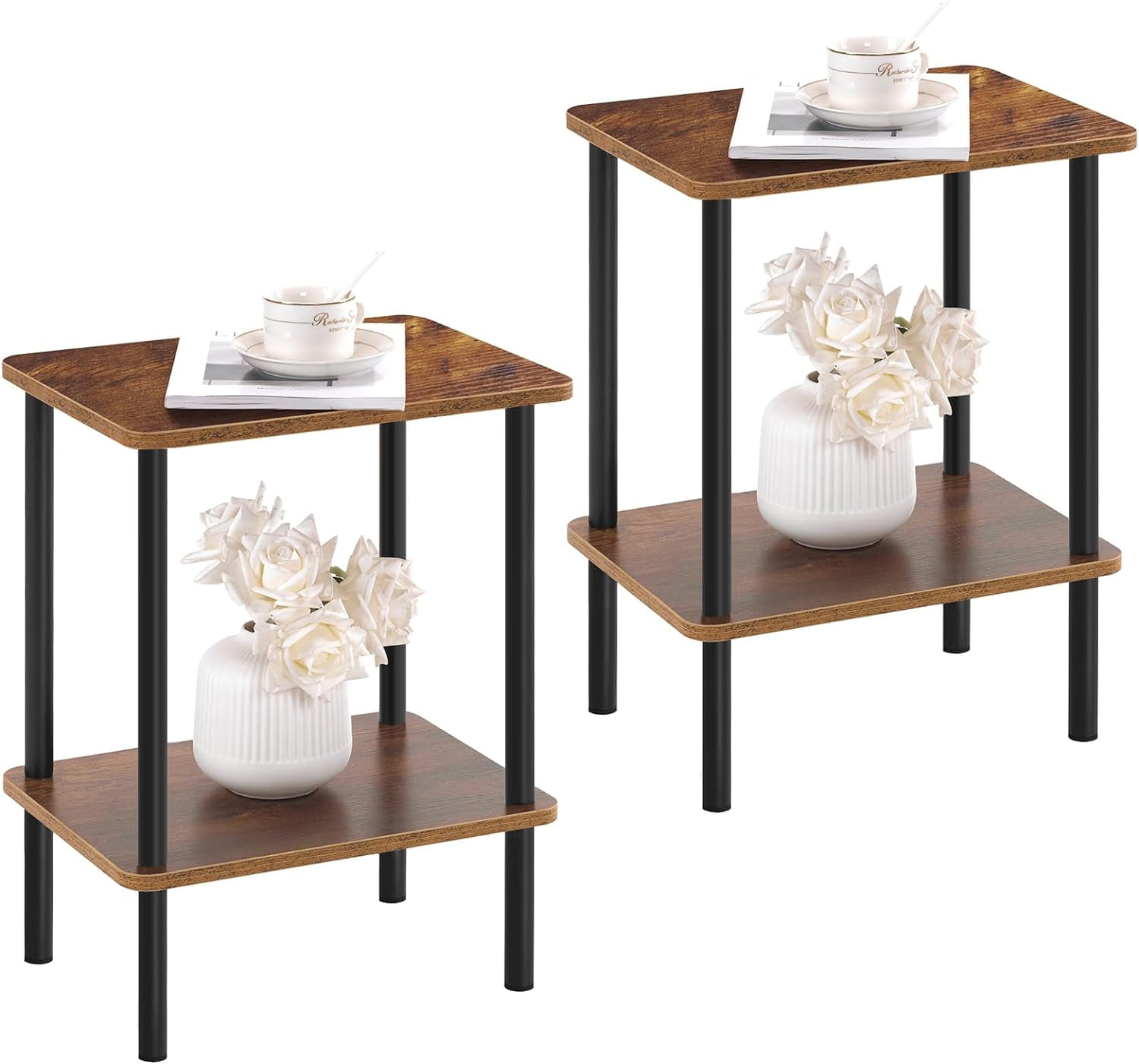 2 Tier End Table Set of 2, Boho Side Table with Storage Shelf ...