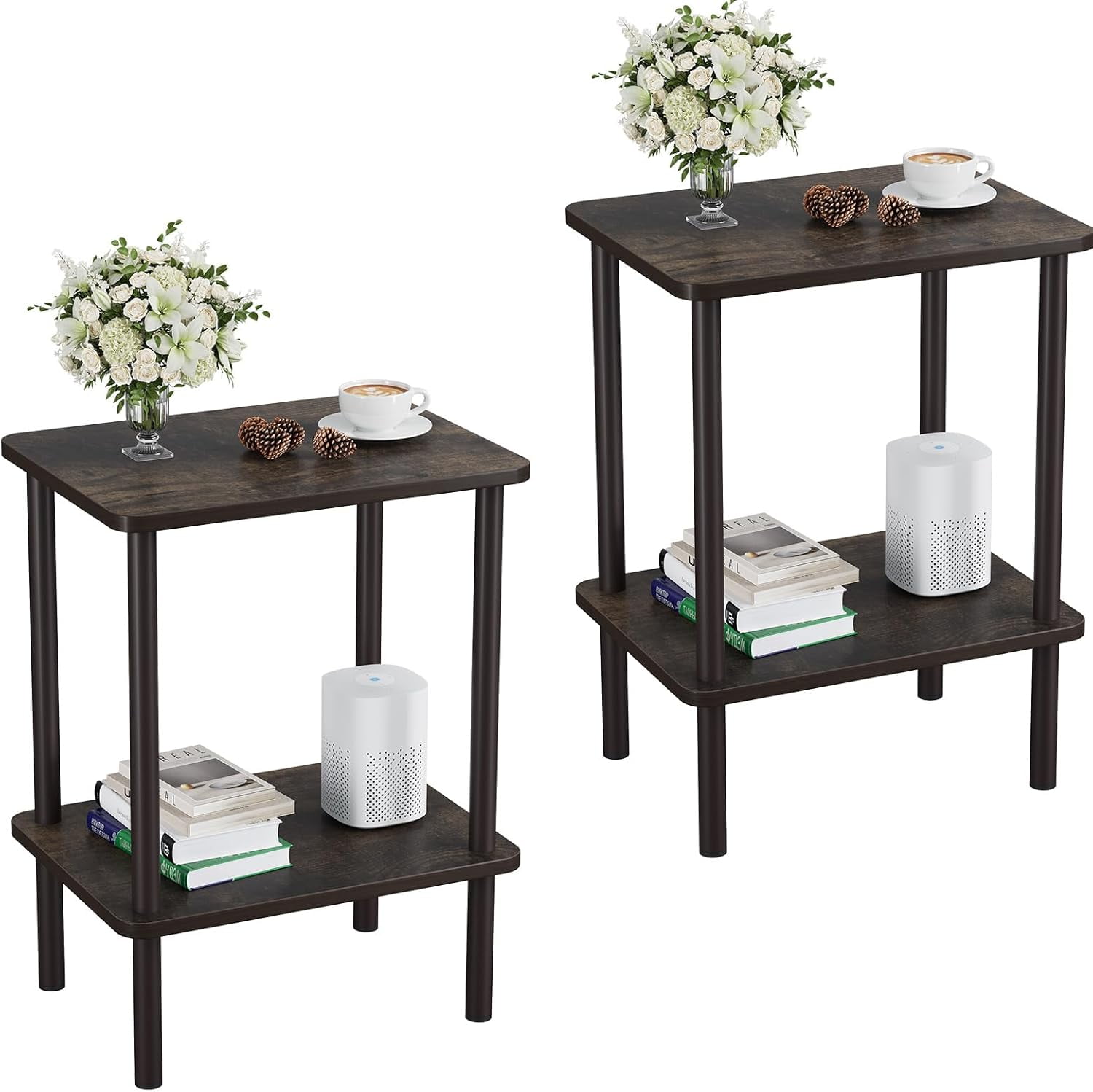 2 Tier End Table Set of 2, Boho Side Table with Storage Shelf ...
