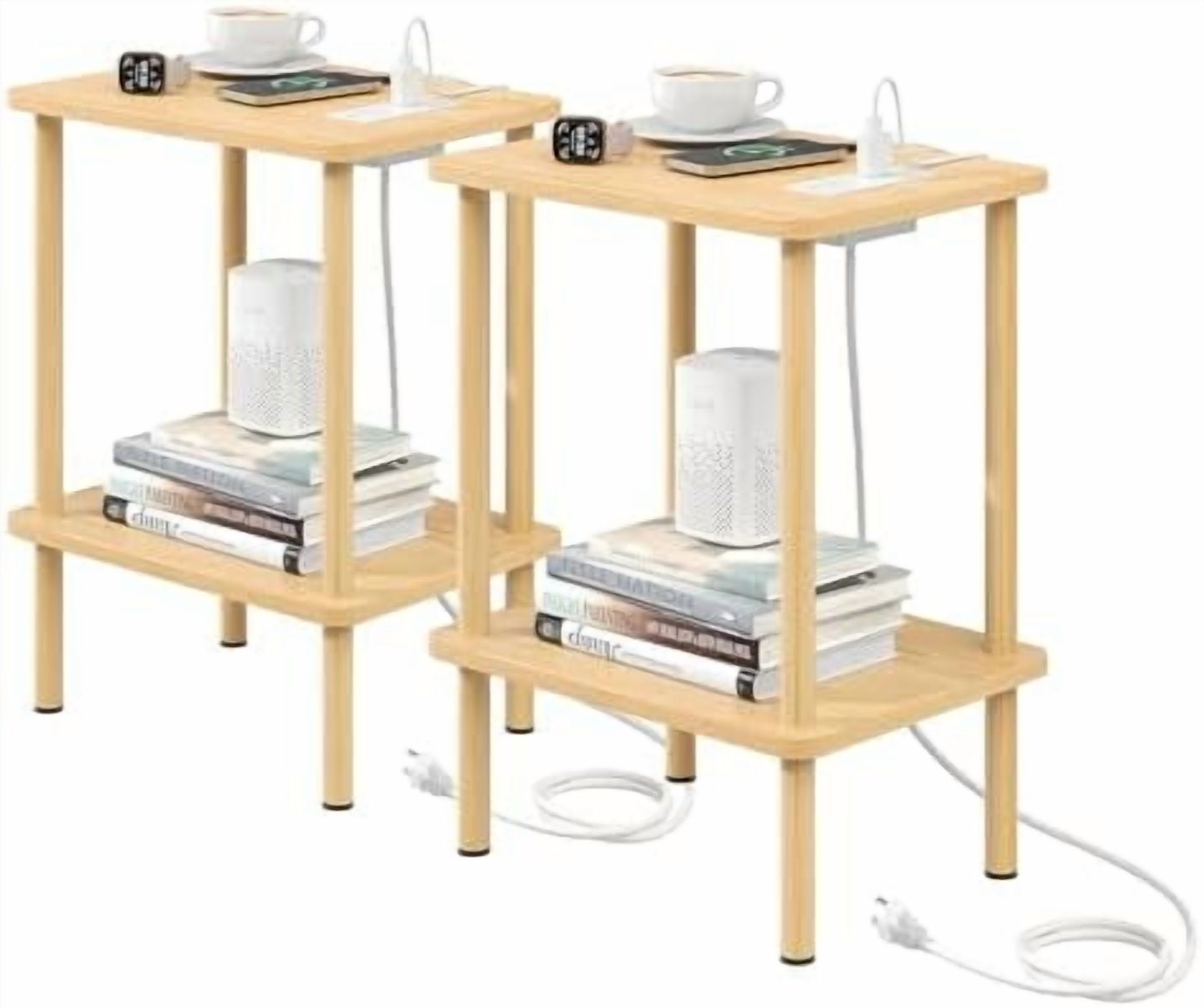 2 Tier End Table Set of 2, Small Side Table with Charging Station, Boho ...