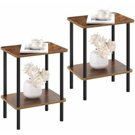 2 Tier End Table Set of 2, Small Side Table with Solid Wood Legs, Boho ...