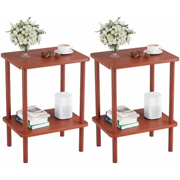2 Tier End Table Set of 2, Small Side Table with Solid Wood Legs, Boho ...