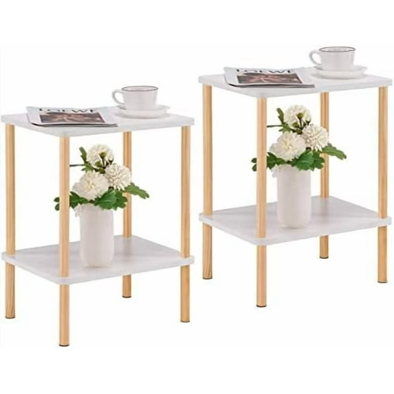 2 Tier End Table Set of 2, Small Side Table with Solid Wood Legs, Boho ...