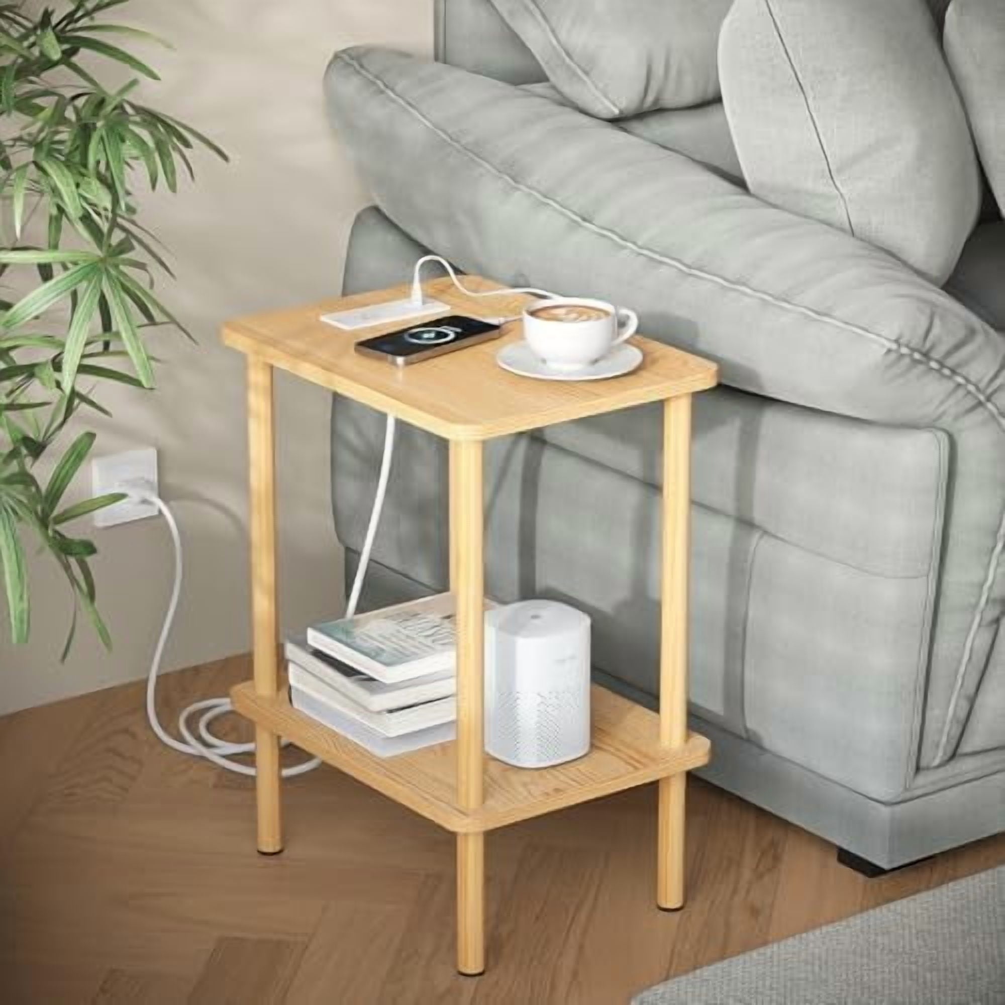 2 Tier End Table, Small Side Table with Charging Station, Boho Bedside ...