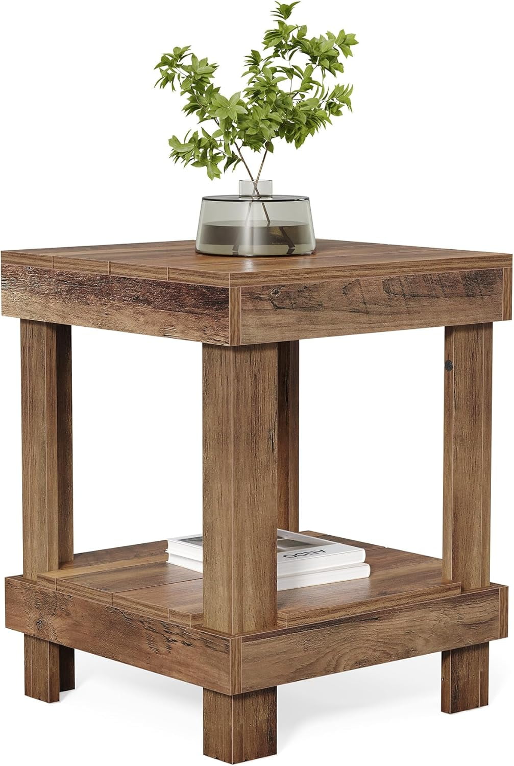 2-Tier End Table, All Wooden Square Side Table with 2 Storage Shelves ...
