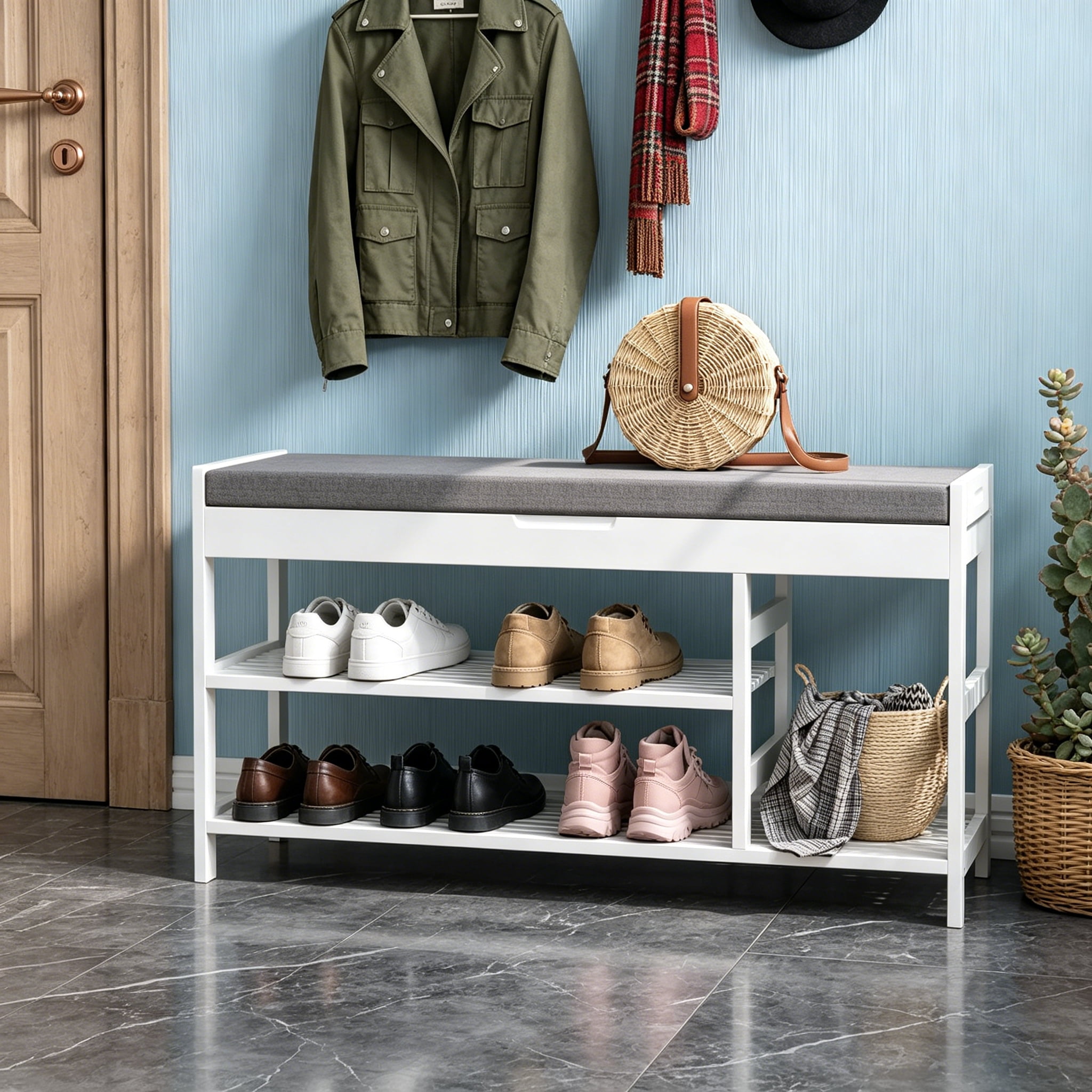 2-Tier Entryway Shoe Rack Bench with Storage, 36" Bamboo Storage Bench ...
