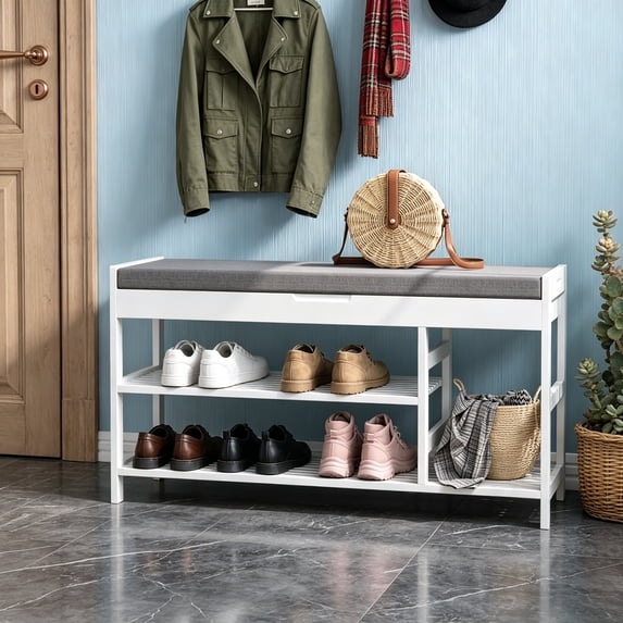 2-Tier Entryway Shoe Rack Bench with Storage, 36" Bamboo Storage Bench ...