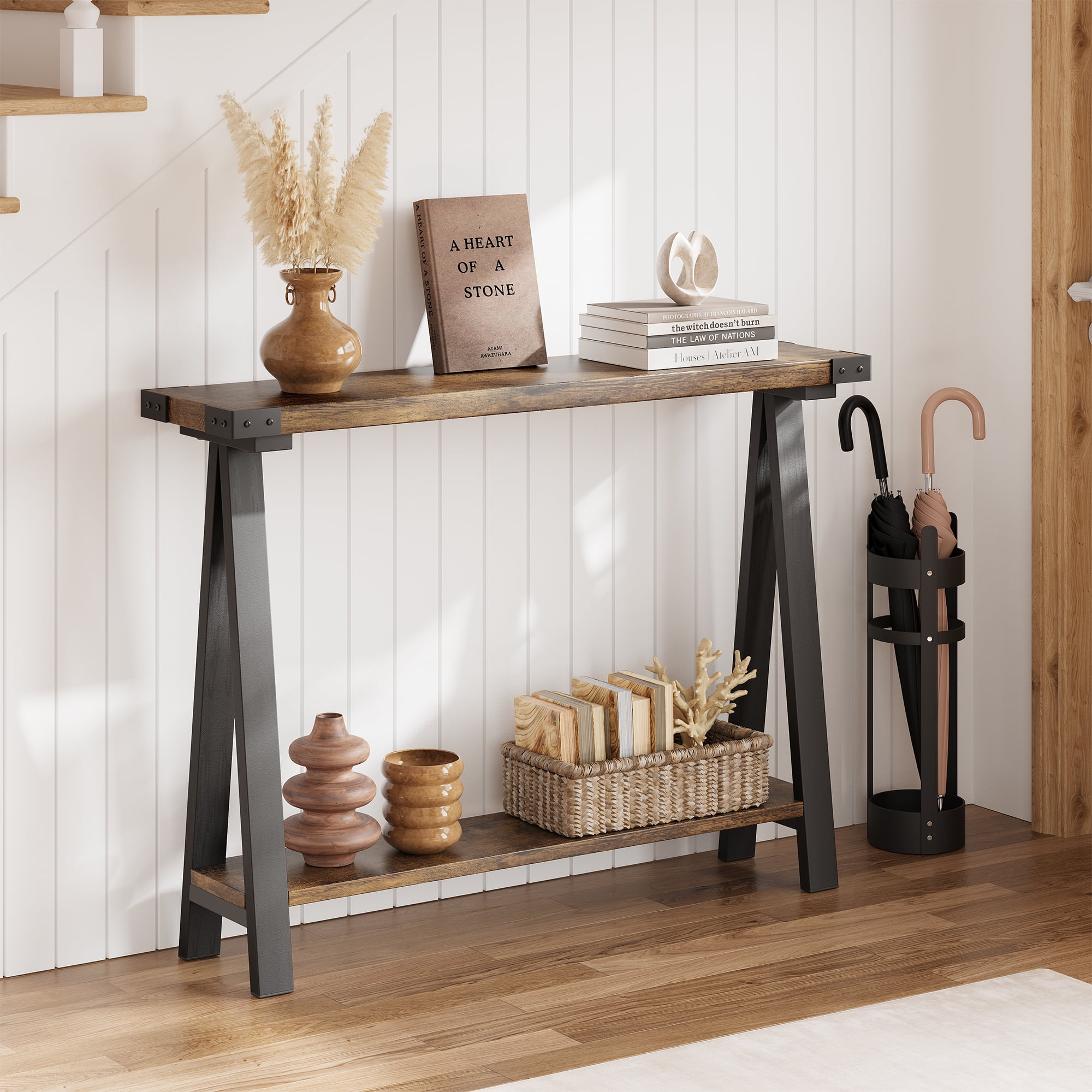 2 Tier Entryway Table, Narrow Console Table, Metal Frame, V-shaped Leg ...