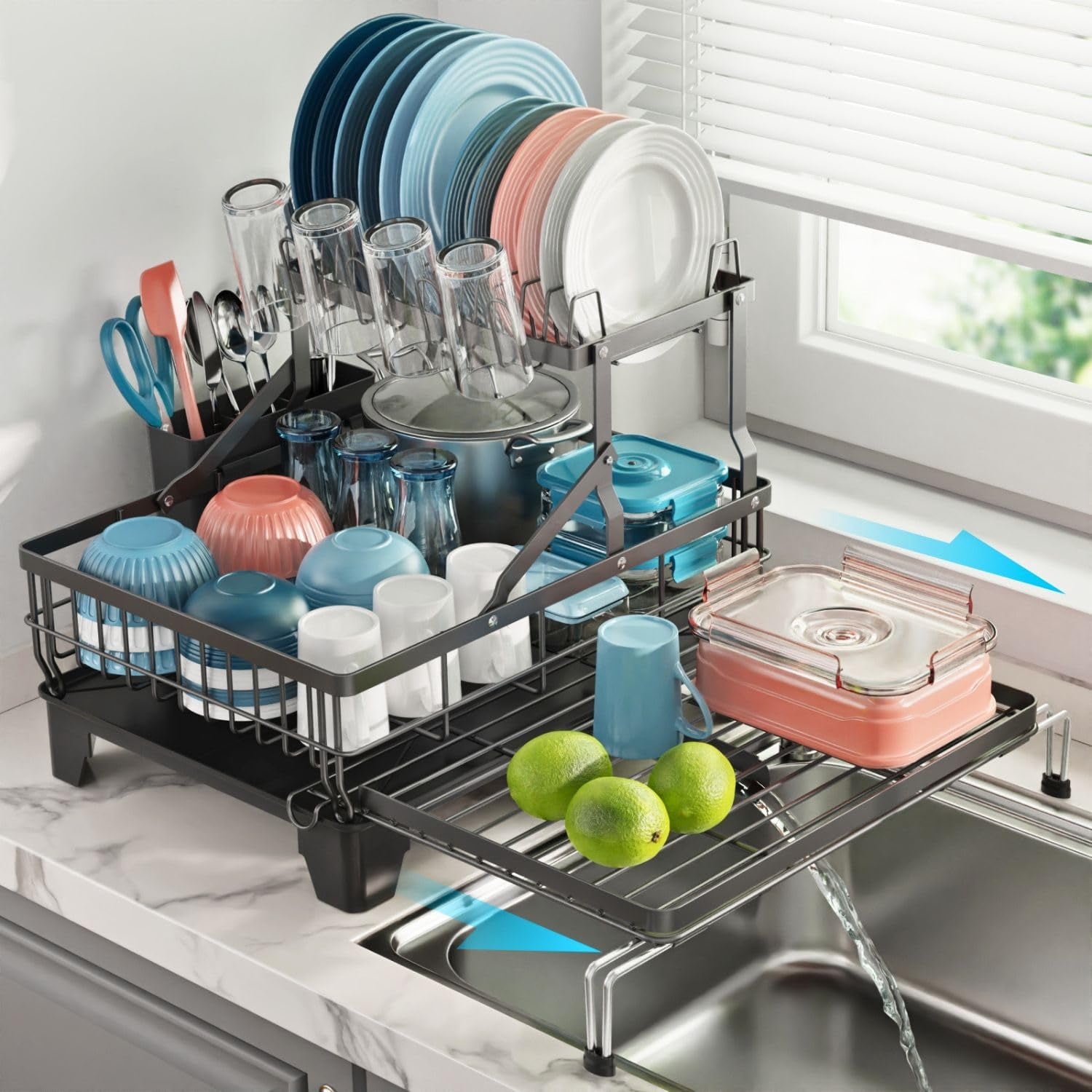 2 Tier Expandable Black Dish Drying Rack with Drainboard Set for ...