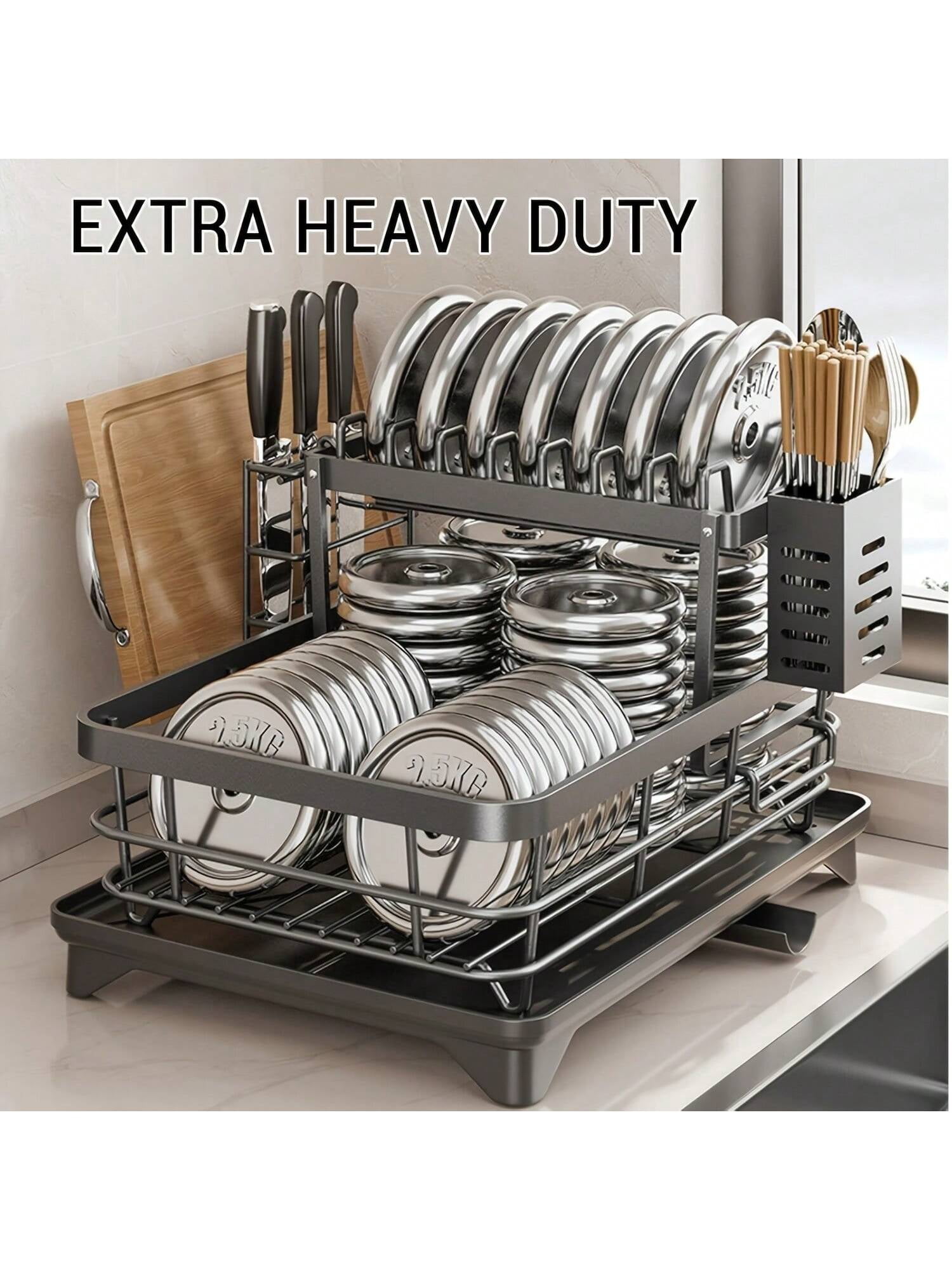 2-Tier Expandable Foldable Dish Drying Rack with Drain Tray, Pot Rack ...