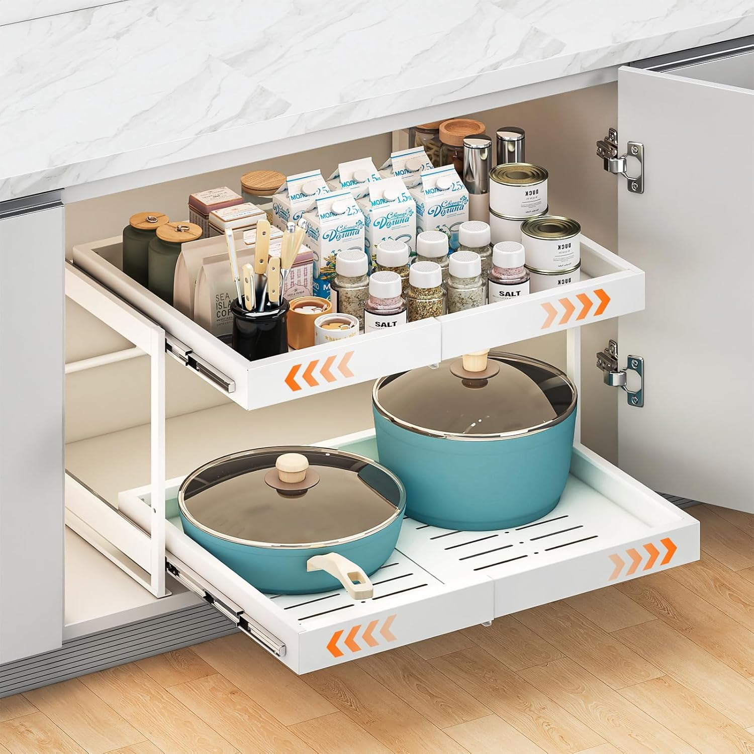 2-Tier Expandable Pull Out Cabinet Organizer, 21" Deep Heavy-Duty Slide ...