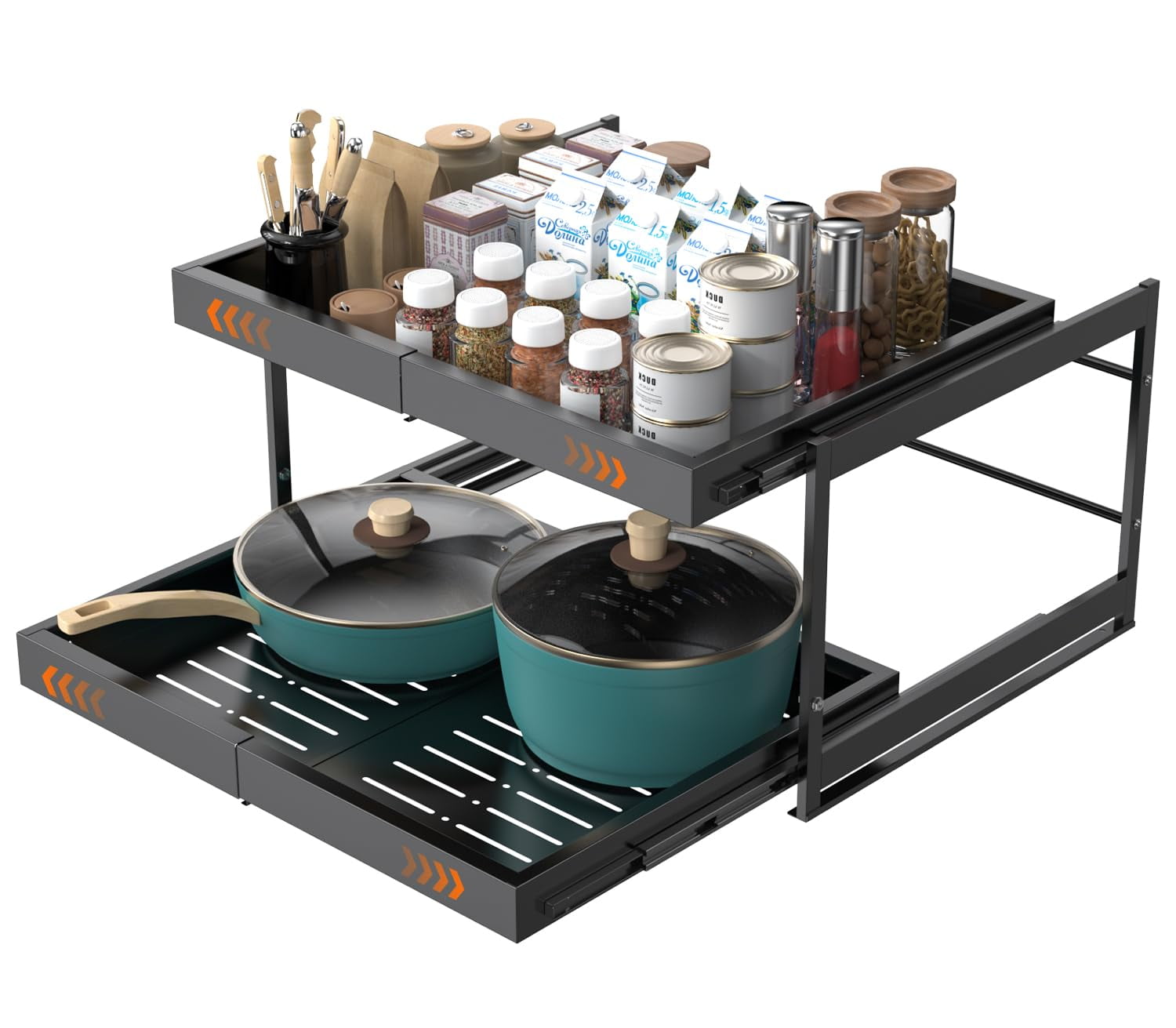 2-Tier Expandable Pull Out Cabinet Organizer, 21" Deep Slide Rail Slide ...