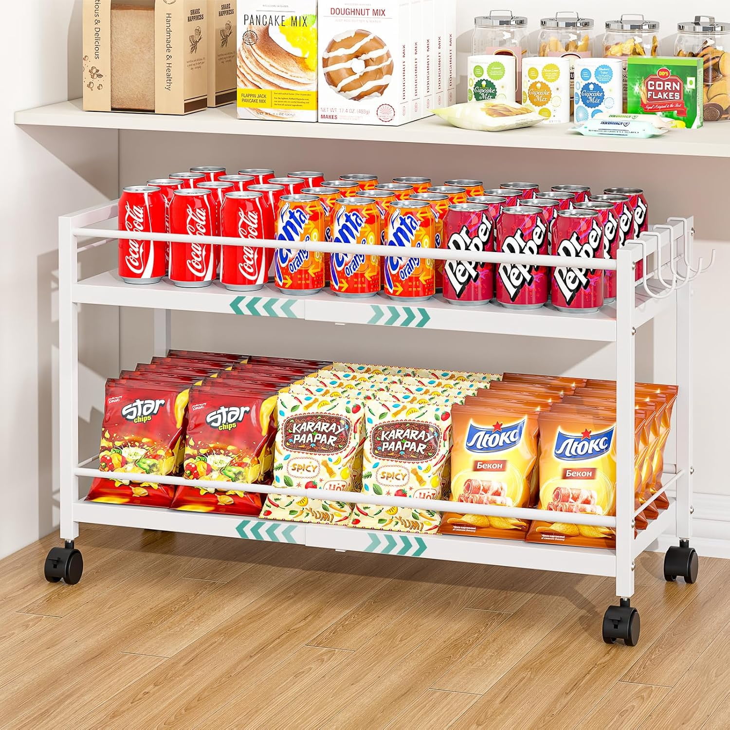 2-Tier Expandable Rolling Pantry Cart with Wheels, Adjustable Floor ...