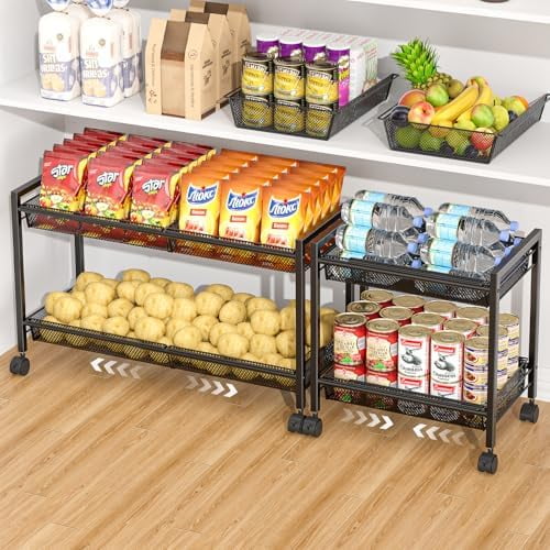 2-Tier Expandable Rolling Pantry Floor Organizer, Stackable Pantry ...