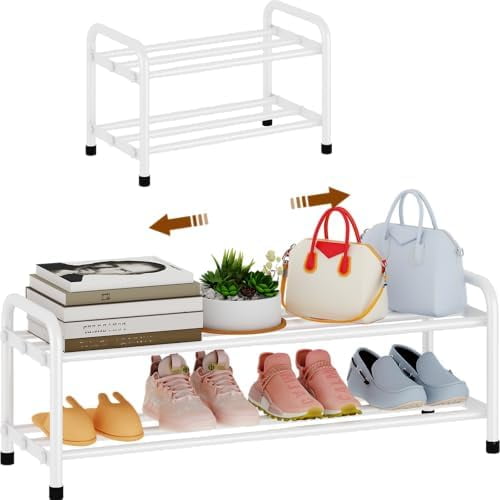 2-Tier Expandable Shoe Rack, Heavy Duty Adjustable Metal Shoe Organizer ...