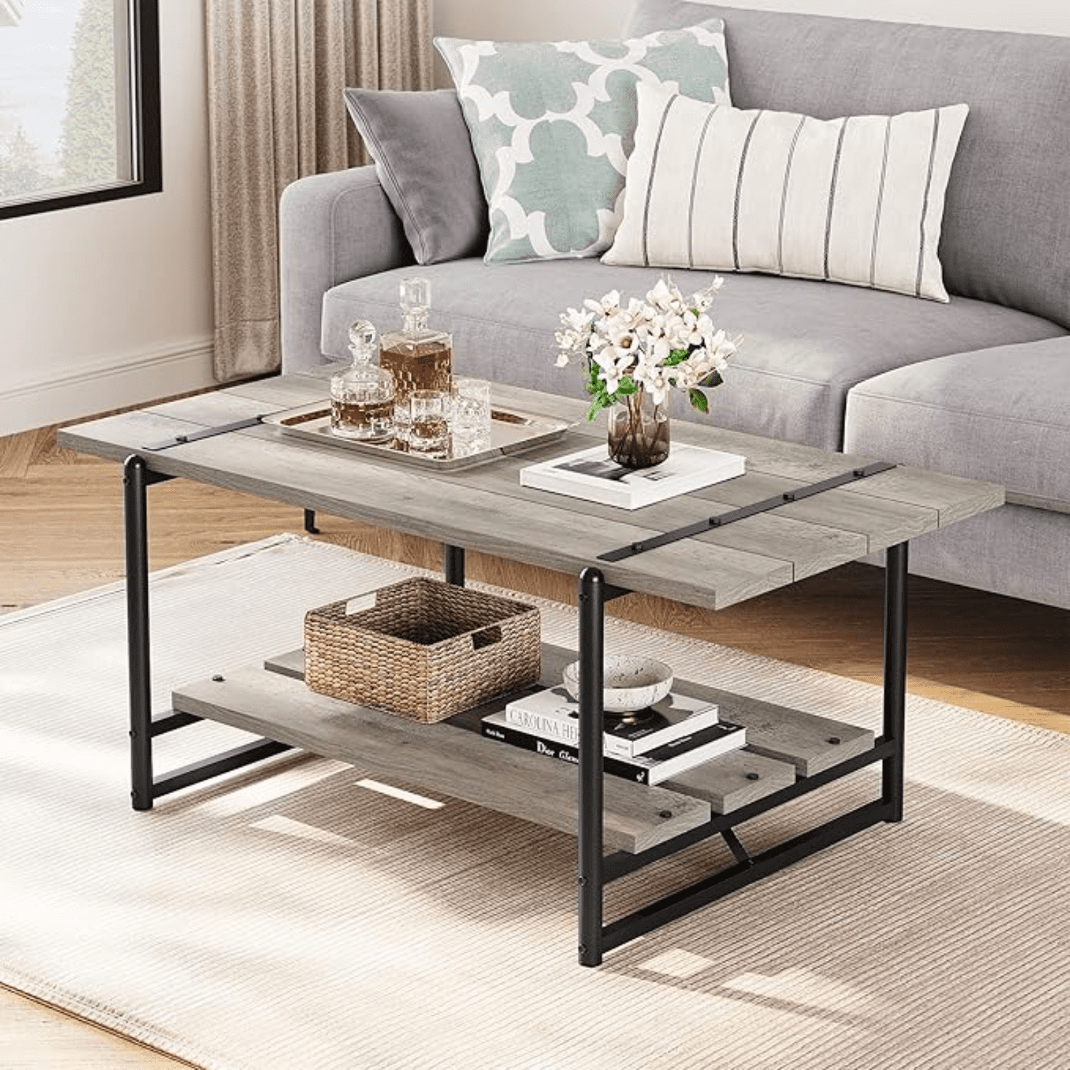 2-Tier Farmhouse 41'' Large Gray Wood Coffee Table with Storage Shelf ...