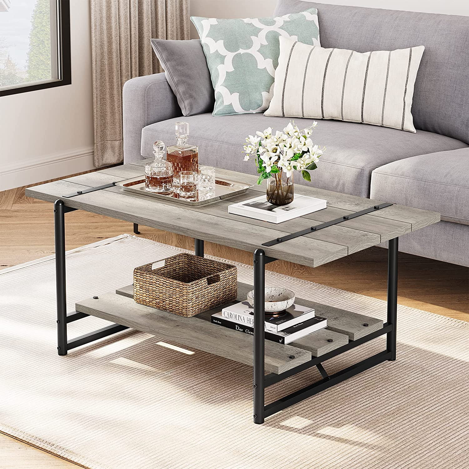 2-tier farmhouse 41'' large gray wood coffee table with storage shelf ...