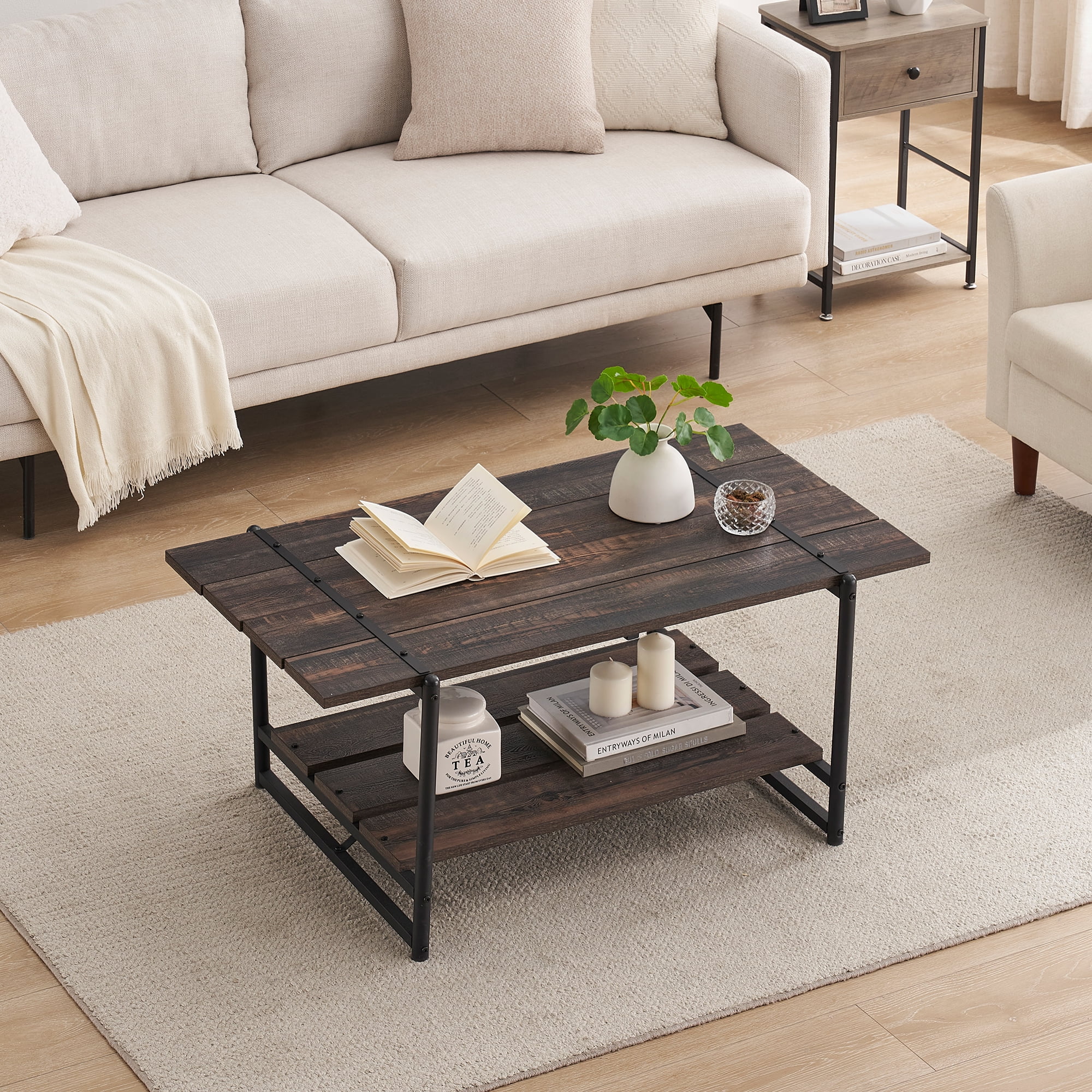 2-Tier Farmhouse Large Wood Coffee Table with Storage Shelf -Modern ...