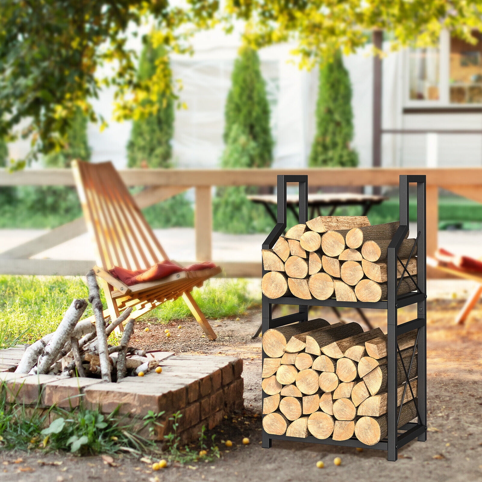2-Tier Firewood Rack Holder Fire Wood Log Storage Rack Stacker Stand ...
