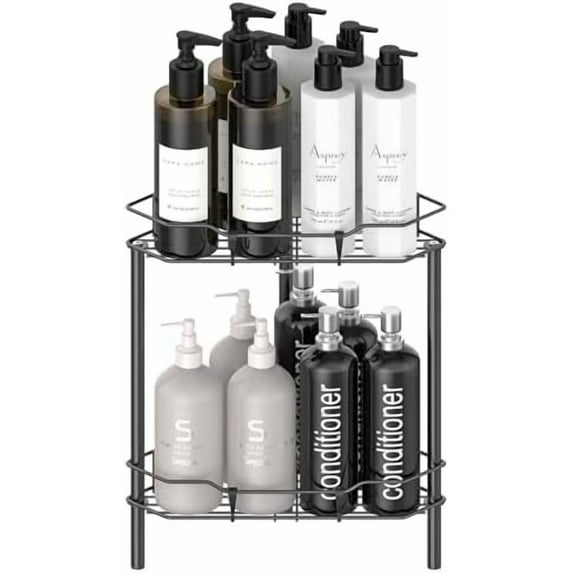 2 Tier Floor Standing Corner Shower Caddy Organizer Shelf with Hooks ...