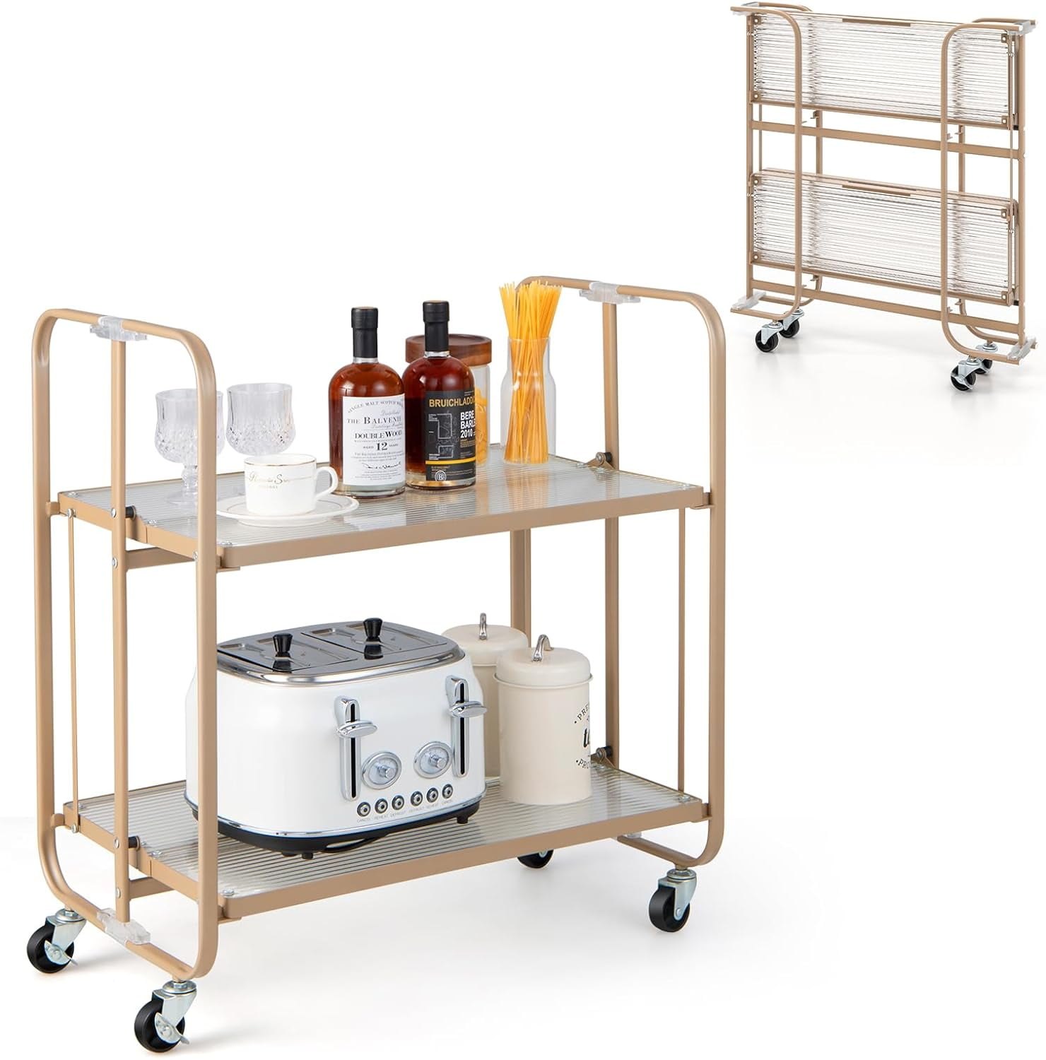 2-Tier Foldable Bar Cart on Wheels, Mobile Home Bar & Serving Cart with ...