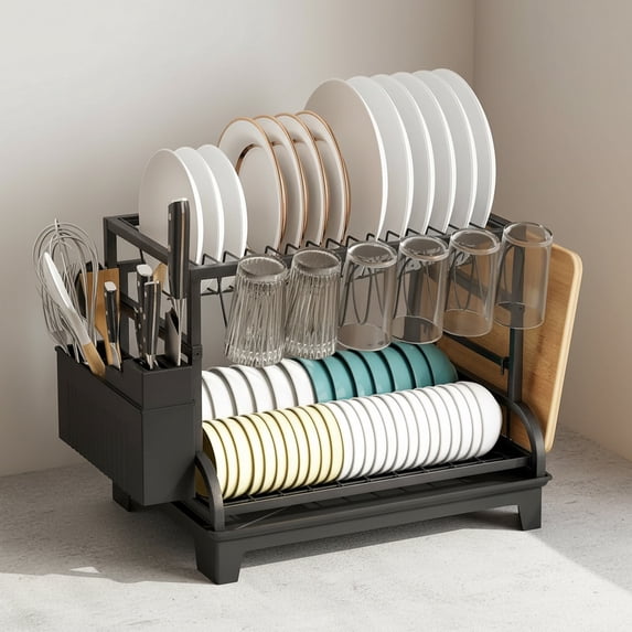 2-Tier Foldable Dish Drying Rack with Drainboard, Stainless Steel Large ...