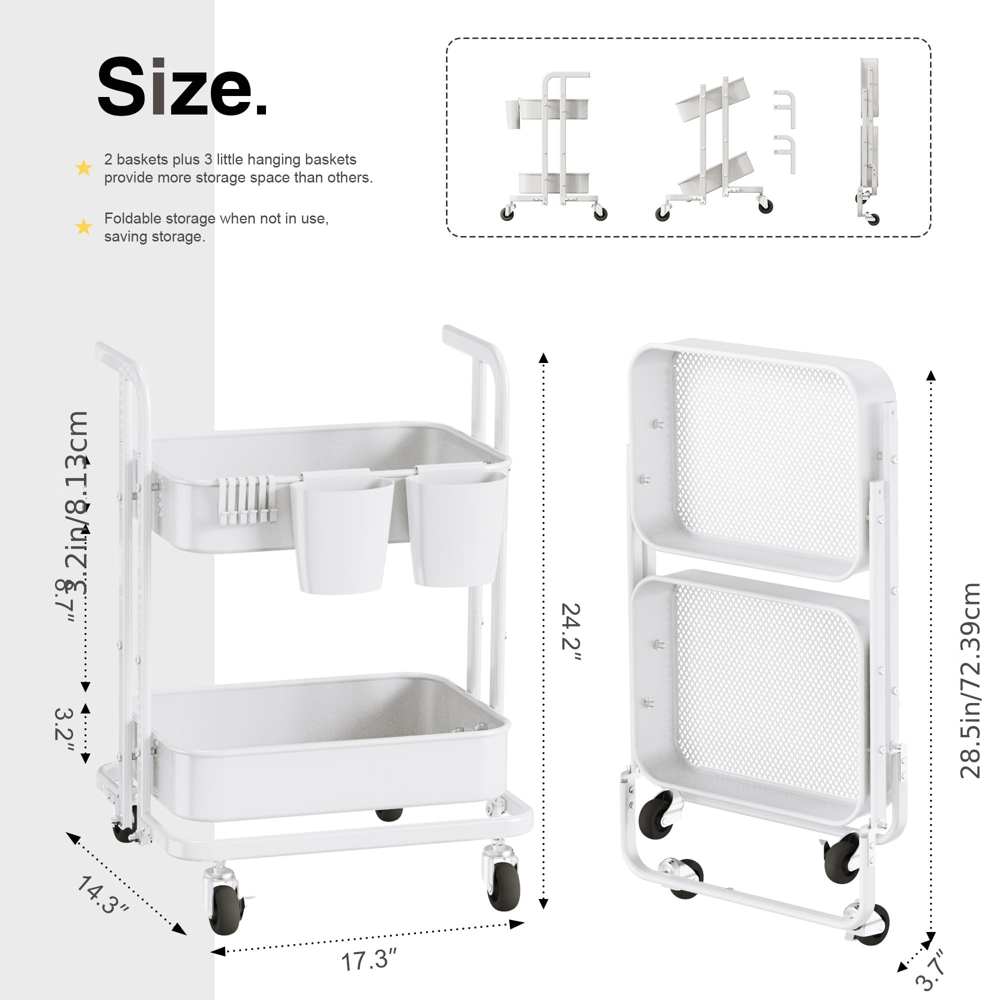 2-Tier Foldable Rolling Cart with Lockable Wheels, Compact Metal ...