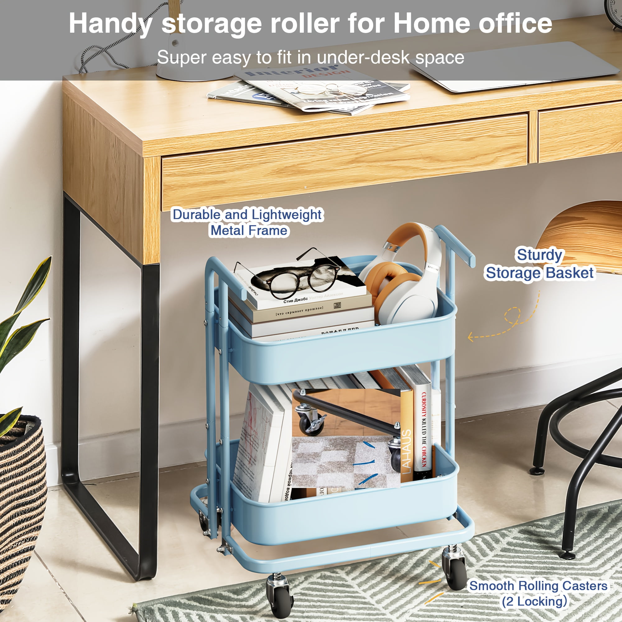 2-Tier Foldable Rolling Cart with Lockable Wheels, Compact Metal ...