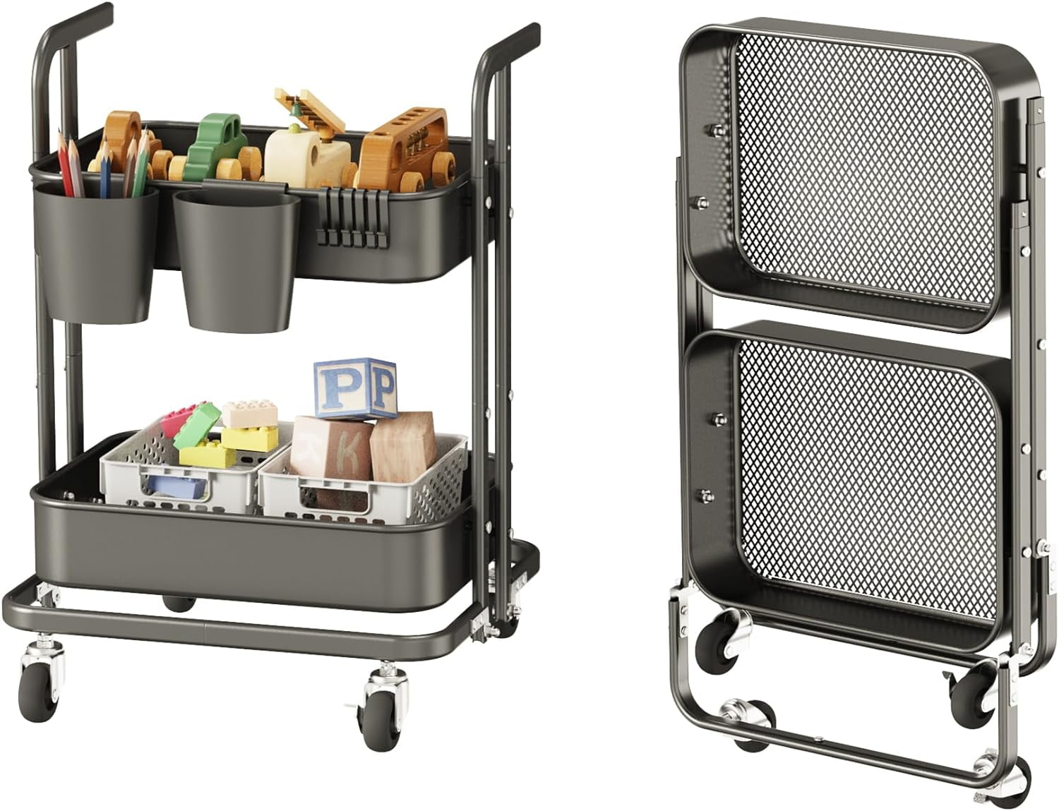 2 Tier Foldable Rolling Cart, Metal Utility Cart with Lockable Wheels ...
