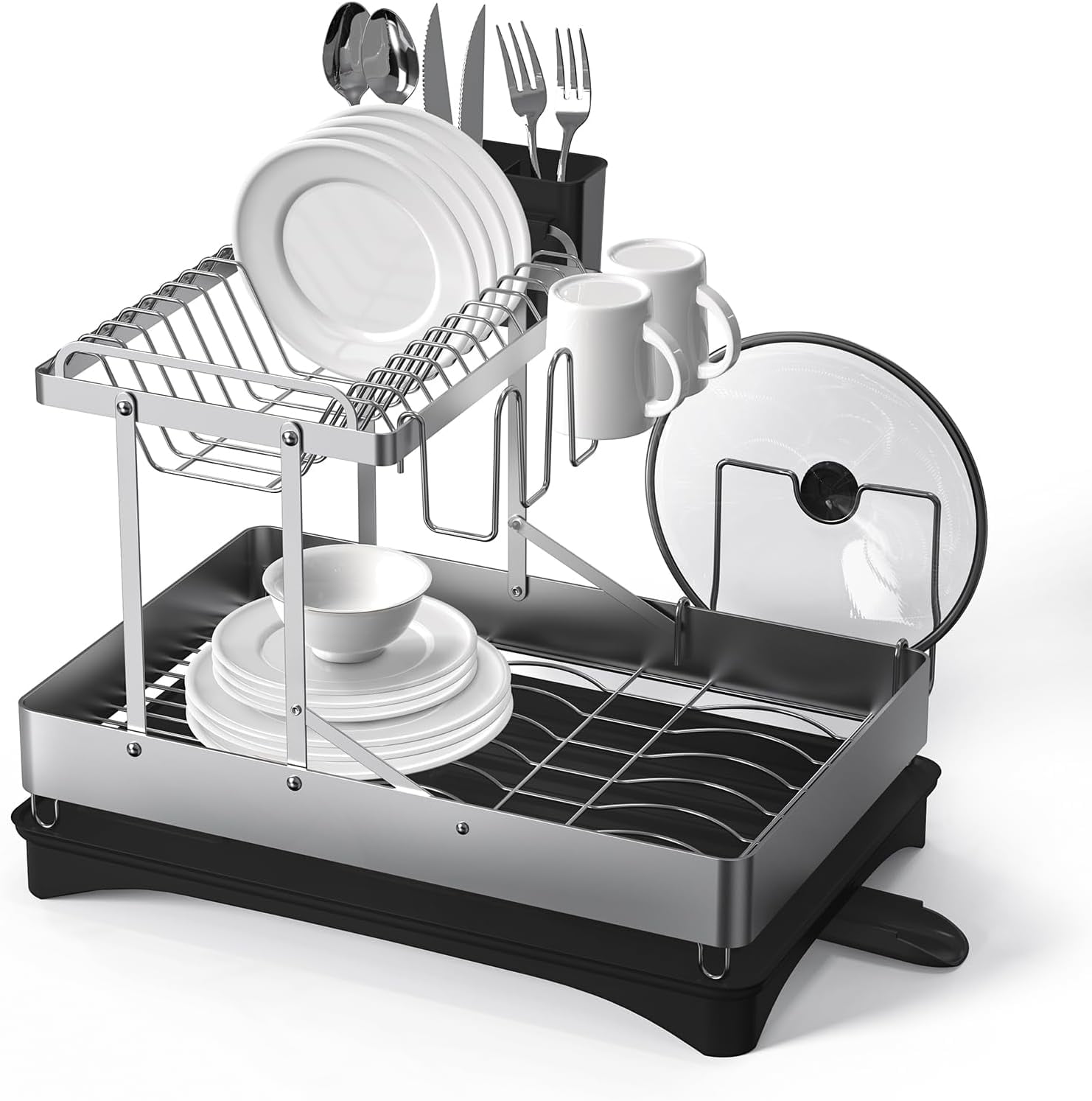 2-Tier Foldable Stainless Steel Dish Drying Rack – Silver Black ...