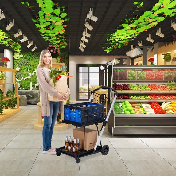 2 Tier Folding Shopping Carts for Groceries, 198 LB Capacity ...