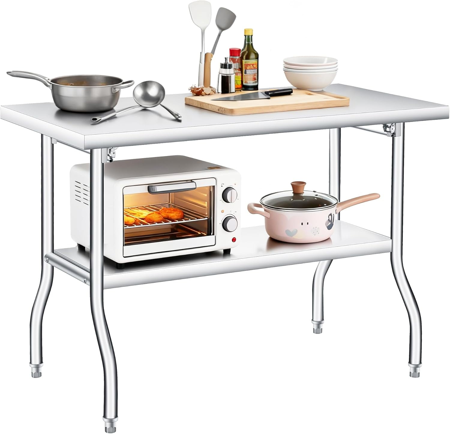 2 Tier Folding Stainless Steel Table, 48x24 in, 620 LB Capacity, Heavy ...